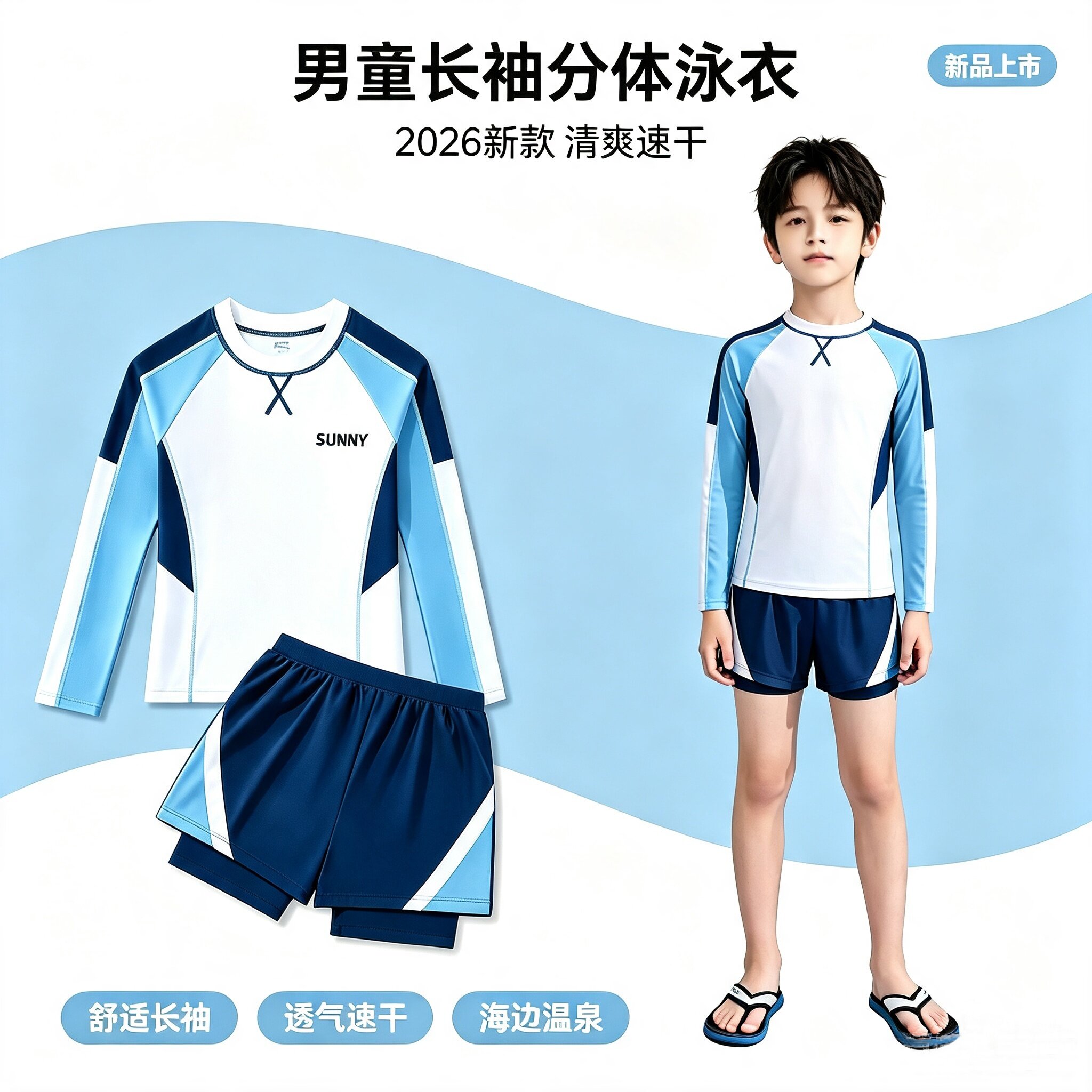 儿童长袖分体泳衣男童新款速干透气男童双层泳裤海边温泉冲浪套装