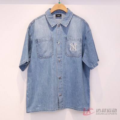 MLB情侣NY刺绣牛仔衬衫短袖
