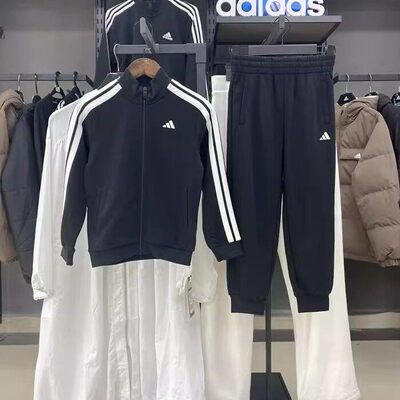 正品adidas/阿迪达斯儿童经典条纹立领运动夹克套装KC8475