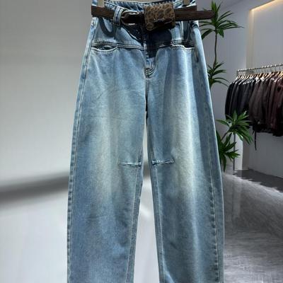 欧货高腰水洗蓝阔腿牛仔裤