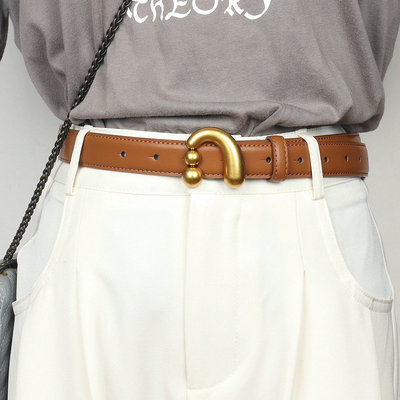 女士轻奢小众真皮棕色平滑扣腰带