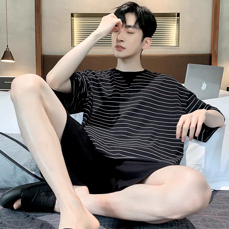 新款100%纯棉男士睡衣夏季短袖短裤条纹夏天全棉家居服套装睡衣男