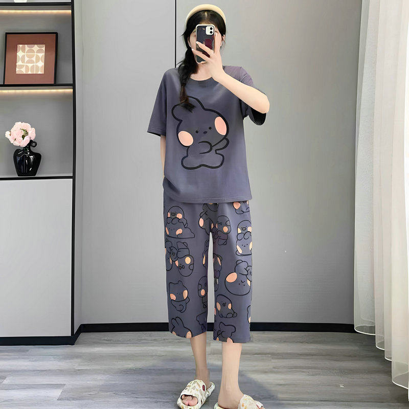 带胸垫睡衣女纯棉夏季短袖100%纯棉七分裤家居服夏天女士睡衣套装
