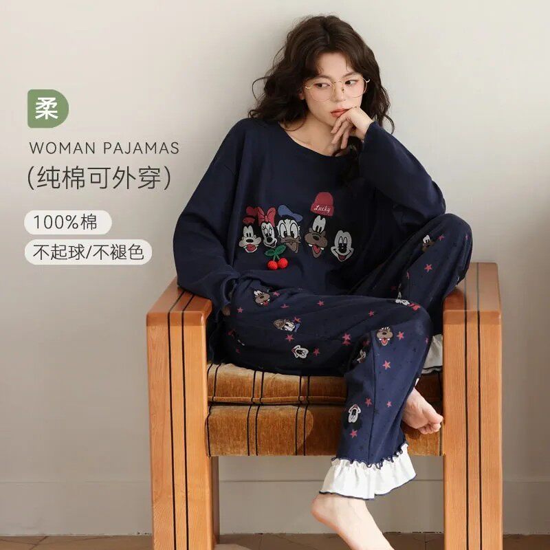 带胸垫睡衣女春秋季纯棉宽松长袖全棉女士家居服秋套装卡通可外穿