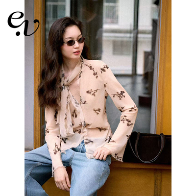 Even Vintage | 高智感老钱风 花卉印花慵懒拉毛飘带领口长袖衬衫