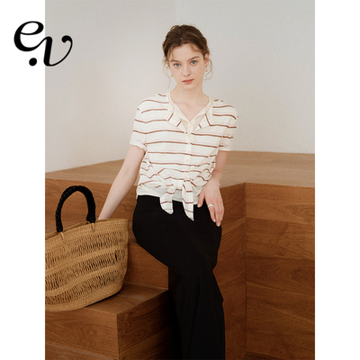 优雅条纹假两件修身短袖T恤