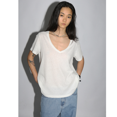 慵懒有型雨露麻V领短袖T恤wild lust挺廓肩袖大气深V