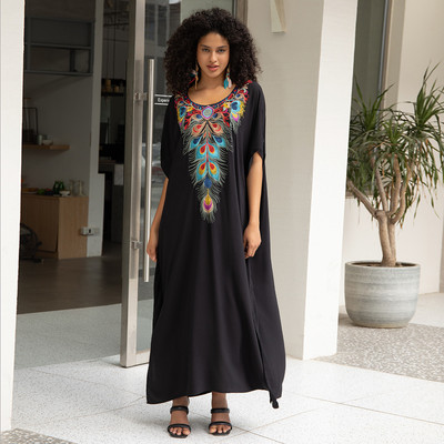 罩衫沙滩人棉孔雀羽毛绣花度假长袍l23192l