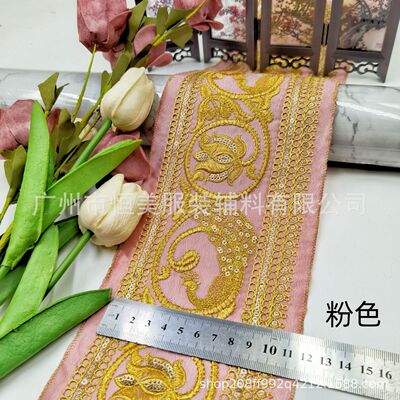 新款中国刺绣厂家复古民族风金股线绣花条码现货花边批发
