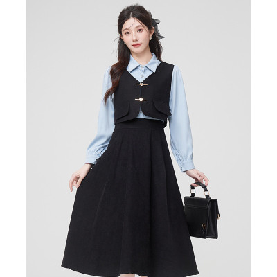 实拍2024秋冬新款韩版学院风假两件文艺教职面试百搭长袖连衣裙