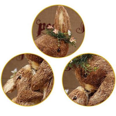 等摆件16v0093母子兔棕色蒲草小花配饰工艺草编工艺品