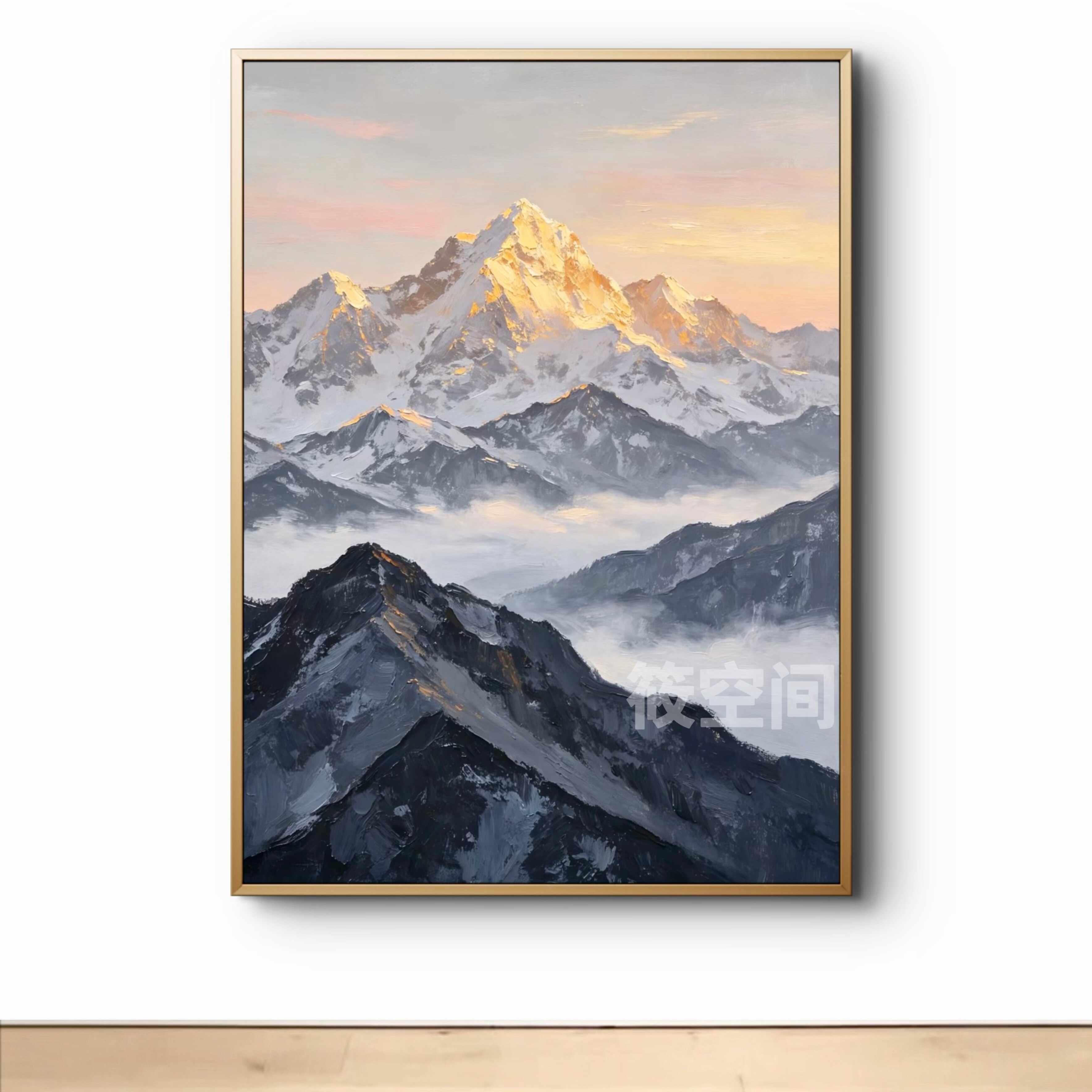 纯手绘油画定制风景雪山日出有框画客厅装饰画原创简约现代挂画