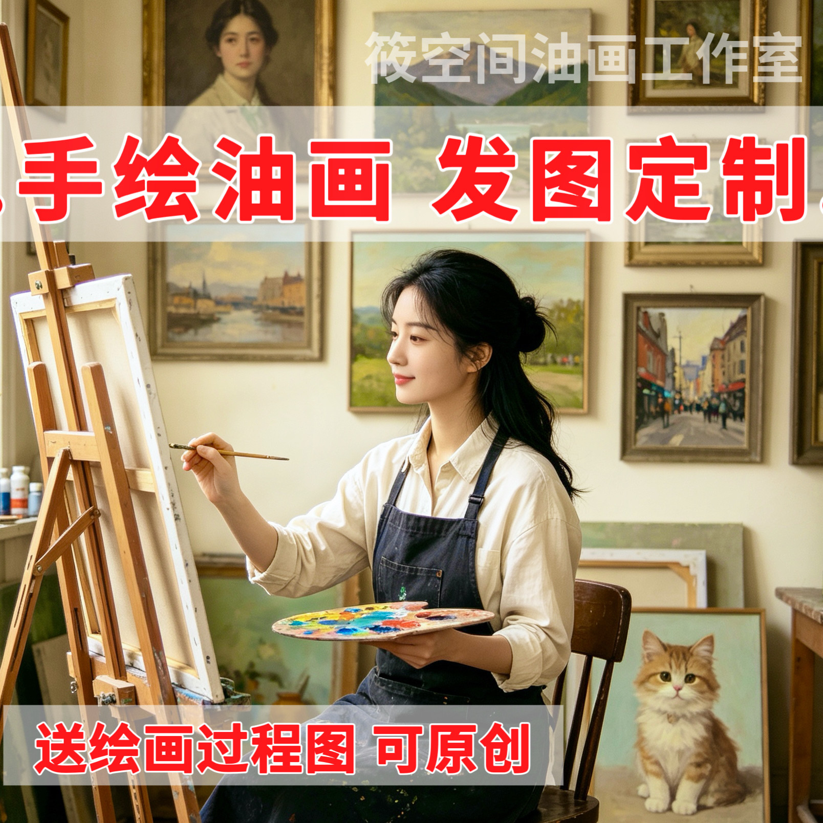 纯手绘油画真人照片定制肖像宠物风景抽象客厅沙发中古风挂画手工