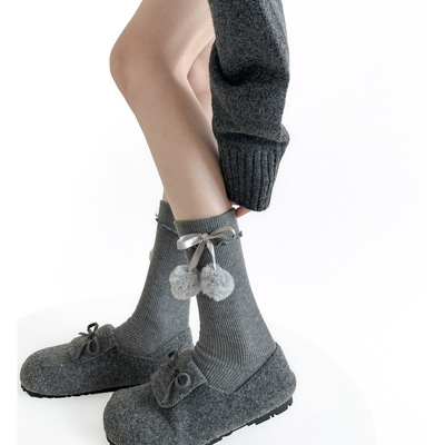 晨曦微露：秋冬甜美毛绒蝴蝶结毛球中筒袜翻边堆堆袜木耳边袜女