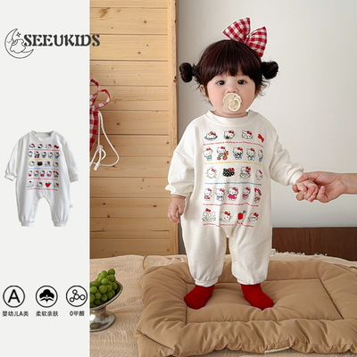 2025秋季新品女宝宝满印KT猫休闲长爬婴幼儿甜美可爱外出连体衣