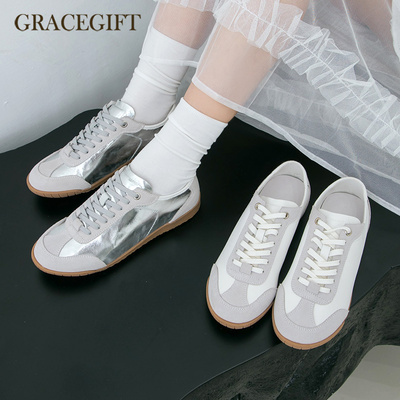Grace gift真皮德训鞋女银色圆头细带运动鞋平底舒适防滑休闲鞋子