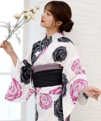 日单浴衣日本传统款和服YUKATA棉麻质地少女连衣裙玫瑰双色