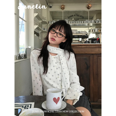 六月林 韩国博主同款 波点飘带长袖上衣女设计感小众别致衬衫