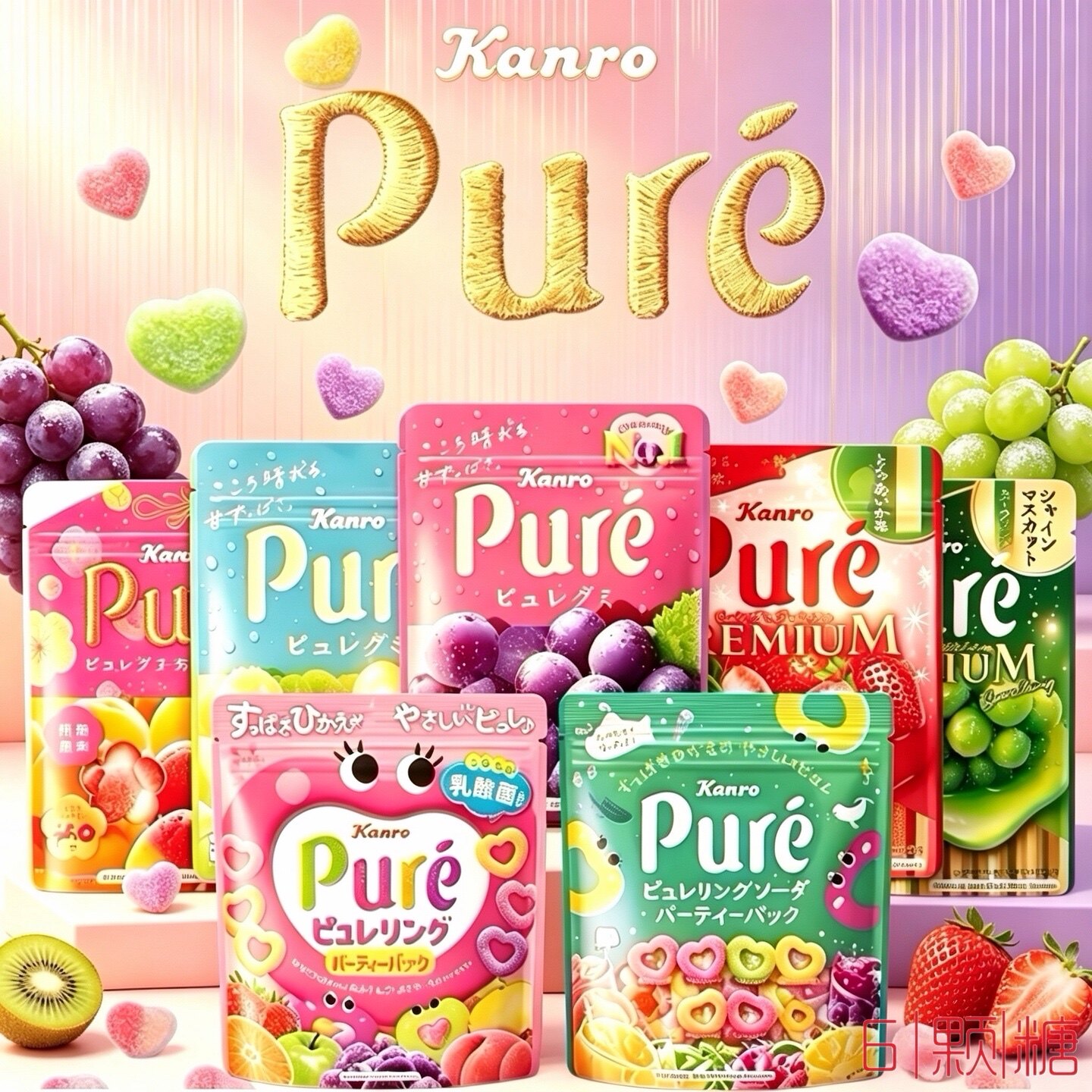 日本进口零食甘乐pure心形果汁酸沙软糖爆浆夹心爱心形草莓味糖果