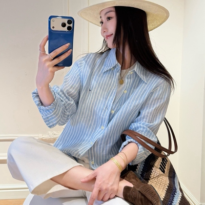 松弛感浅蓝色条纹法国亚麻衬衫