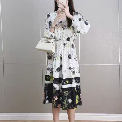 高腰真丝桑蚕丝印花拼接真两件