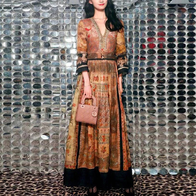 奢美宫廷风 重磅真丝双绉定位印花V领修身中长连衣裙 桑蚕丝长裙