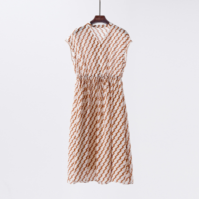 真丝双绉无袖V领收腰连衣裙