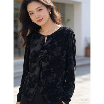 C032 春秋款时尚气质丝绒纱皱修身长袖开叉水墨花小衫JR