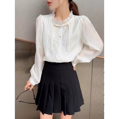 X520 春季新款高级感花边圆领中国风盘扣长袖衬衫JT