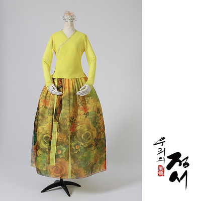 朝鲜族舞蹈练习腰裙练功服仿真丝烫钻上衣和花布3层裙U26716
