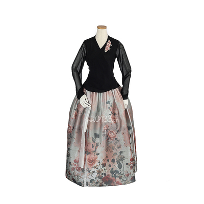 朝鲜族舞蹈练习腰裙练功服仿真丝黑色上衣花王面料3层6开裙U23071