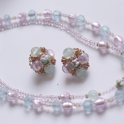 原创西德玫瑰琉璃中古耳夹项链