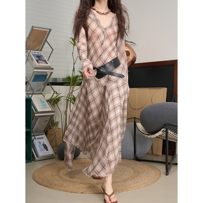 LANVIVIER 自由而浪漫的灵魂 未完成感毛须边斜纹格子衬衫半裙女