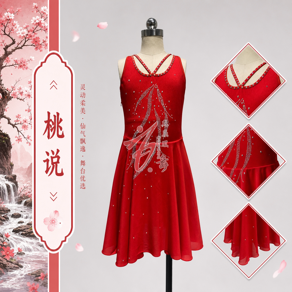 红色花样滑冰服女烫钻舞台演出服定制加工舞蹈服装