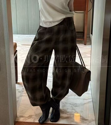 9.25+「跑单限购.不褪不换」复古格纹松紧腰阔腿休闲长裤6251