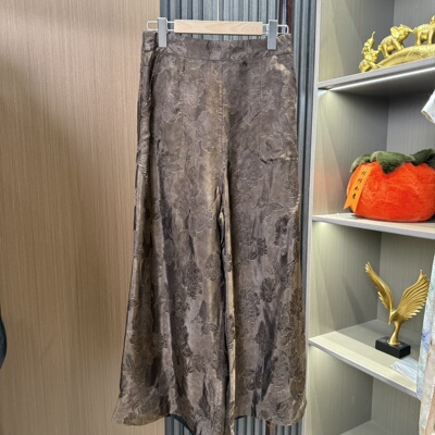 【香云纱老料双面裤】高品质黑咖双面蝴蝶牡丹提花阔腿裤