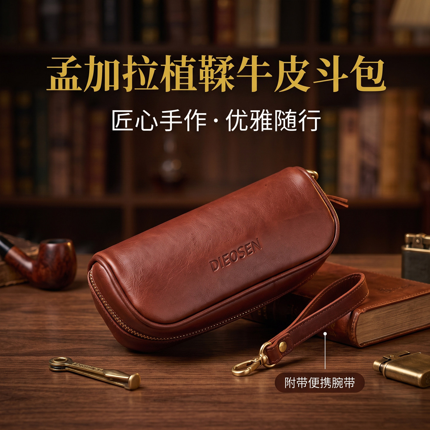 孟加拉植鞣牛皮烟斗包腕带便携款双斗位优质金属拉链斗包送斗