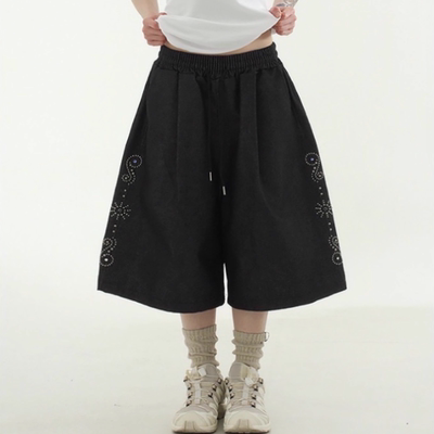 韩国代购设计师铆钉抽绳半腿裤