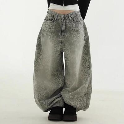 秋季韩国代购牛仔裤水洗豹纹灰