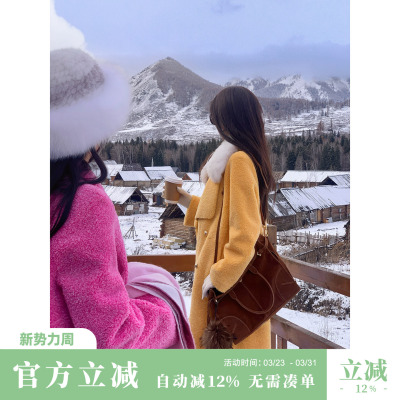 Sun雅乔【VOGUE封面】冬装新款长袖翻领皮毛一体长款大衣外套女