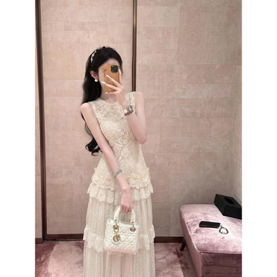 Sun雅乔【卢浮梦境】夏季辣妹小众蕾丝针织背心上衣V领两件套装女