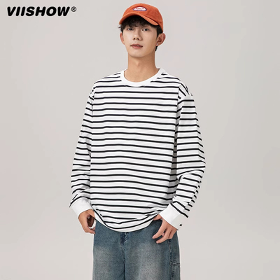 VIISHOW卫衣男2025春季美式复古撞色条纹圆领长袖t恤青少年打底衫