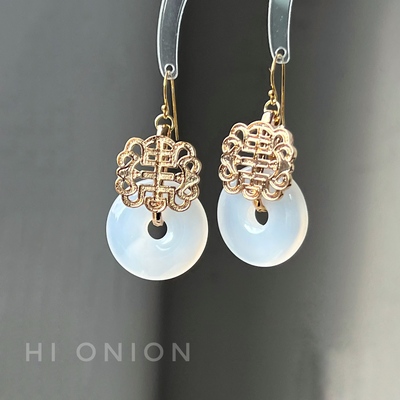 Hi Onion《妃子笑》原创小众设计天然白玛瑙耳环耳夹复古新中式
