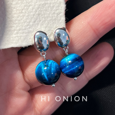Hi Onion小众天然虎眼石银色耳钉耳夹个性百搭高级清冷耳饰infj