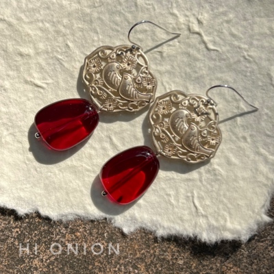 Hi Onion喜鹊报春小众设计做旧酒红色耳环耳夹复古新中式个性耳饰