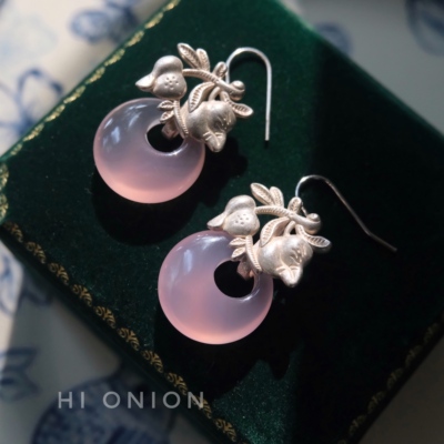 Hi Onion桃夭 原创小众设计国风粉玛瑙银耳环耳夹个性复古新中式