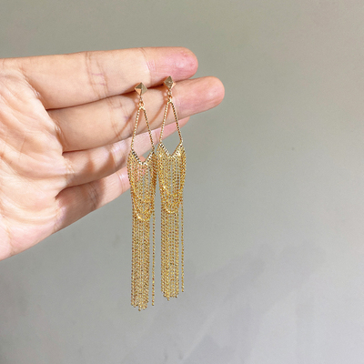 Hi Onion原创斯隆女士小众纯银镀金大女主耳钉长款流苏耳环修脸型