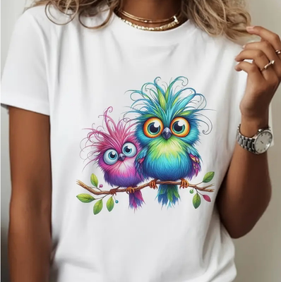 Funny Bird T shirt 卡通可爱长羽毛小鸟印花短袖T恤女士打底衫