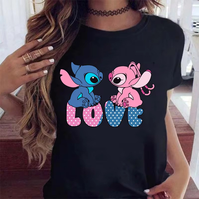 Cute Stitch T shirt 卡通星际宝贝印花T恤女大码短袖亲子装黑色