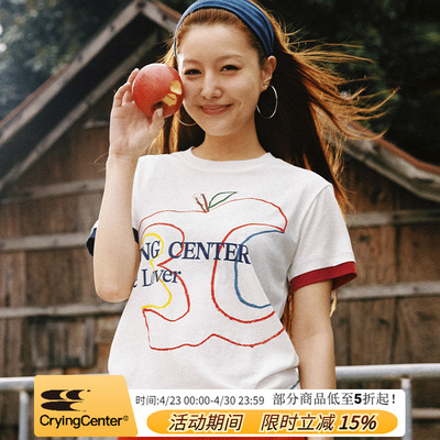 CryingCenter 微透雪花纹理竹节棉轻薄合身正肩线条3C苹果印花Tee
